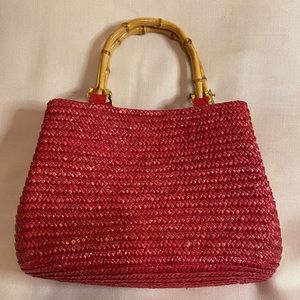 Vintage | Bags | Vintage 7s Red Straw Bamboo Handle Small Boxy ...